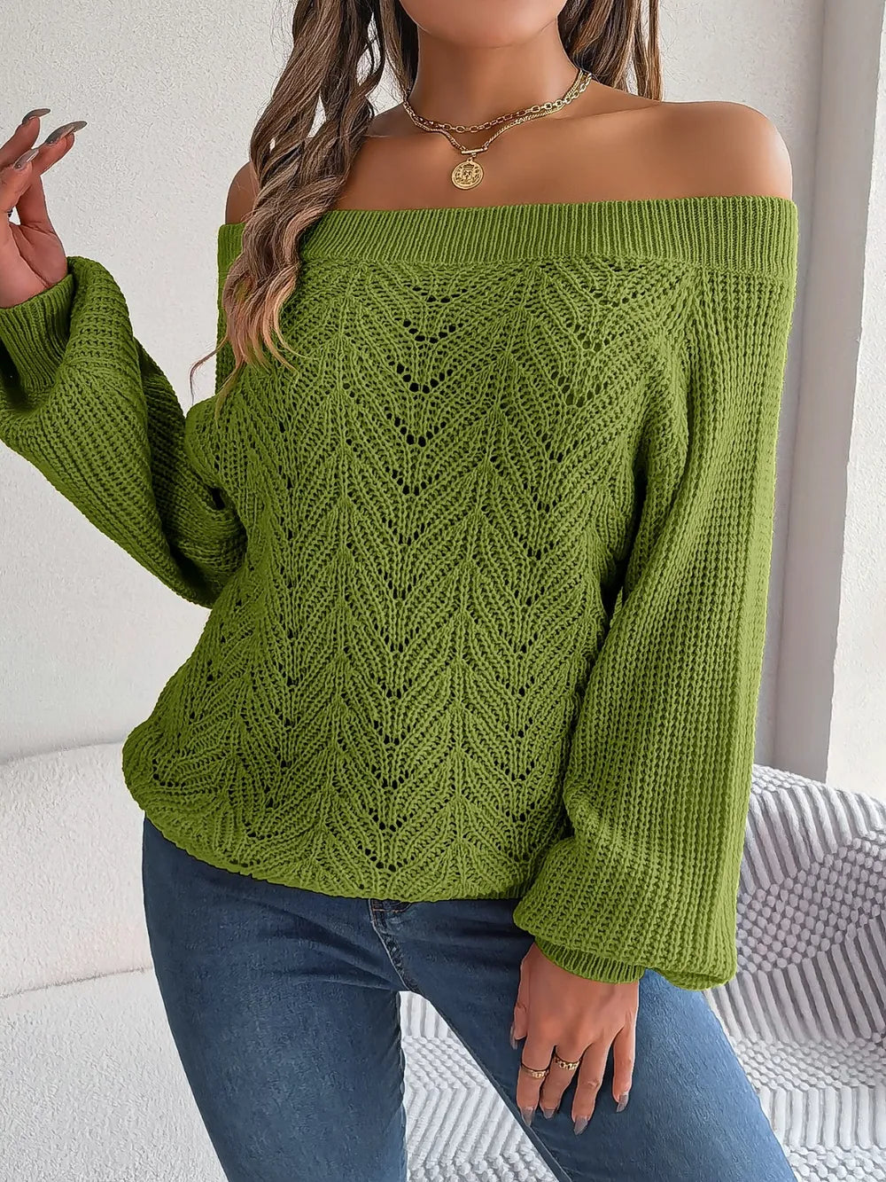 Openwork Off-Shoulder Long Sleeve Sweater – LIVIASTYLES